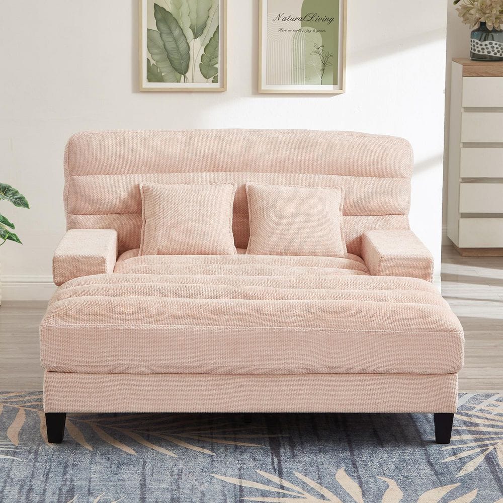 Polibi Pink Chenille Upholstered Square Arms Chaise Lounge Sofa with ...