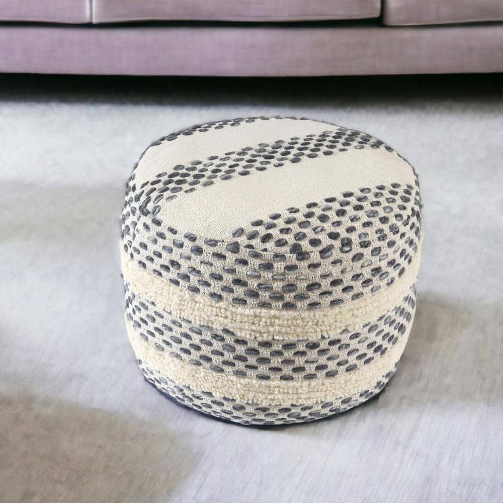 HomeRoots Ivory and Blue Fabric Round Accent Ottoman 2000551565 - The ...