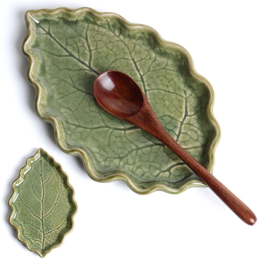Wudkey Ceramic Spoon Rest for Stove Top, Cute Green Leaf Shaped Spoon ...