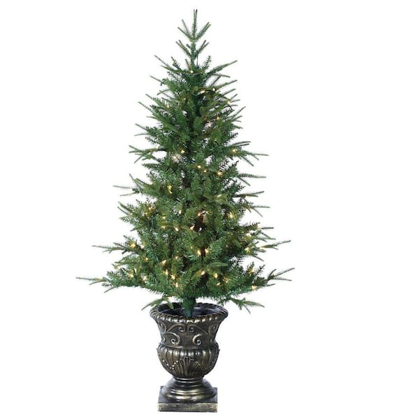 Sterling 4.5 ft. Pre-Lit Little Rock Fir Potted Natural Cut Artificial ...