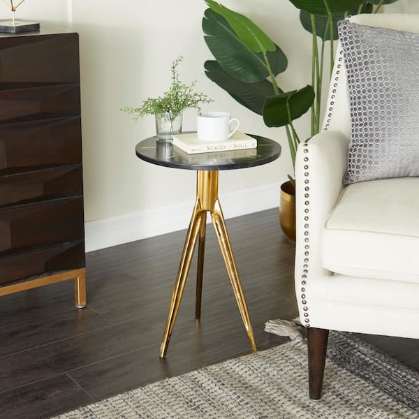 Litton Lane 15 in. Gold Large Round Marble End Accent Table with Black ...