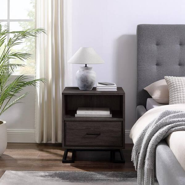 1 Drawer Charcoal Wood and Metal Modern L Leg Nightstand