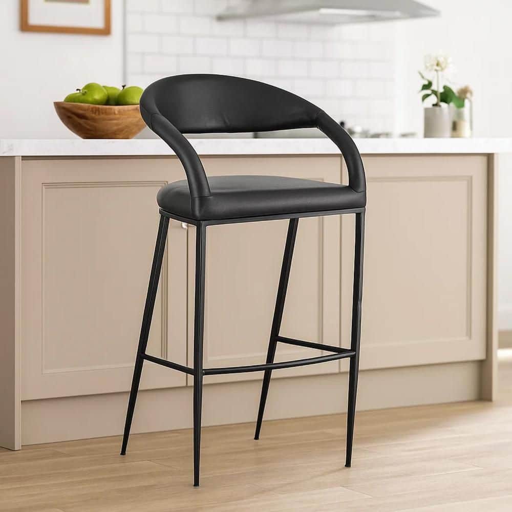 Benjara Monie 36 in. H Black Metal Bar Stool with Faux Leather Seat ...