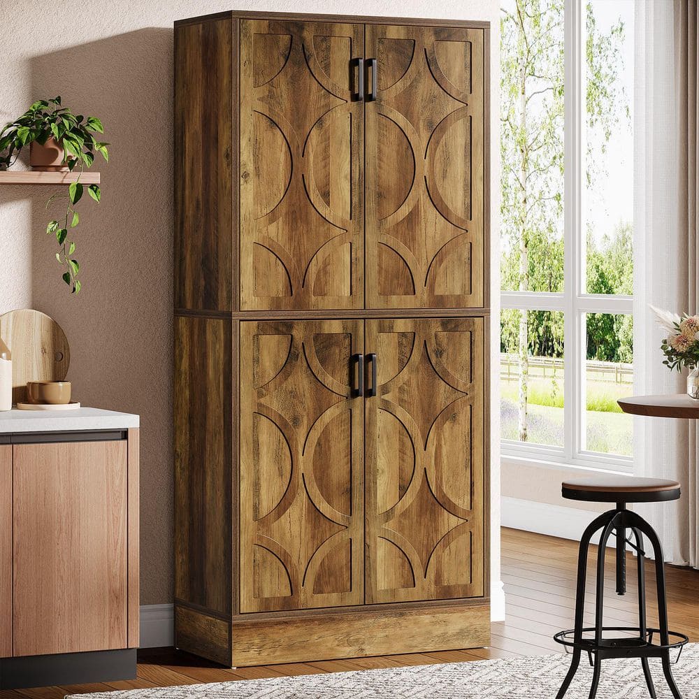 BYBLIGHT Brown Wood 31.5 in. Pantry Cabinet, Farmhouse Storage Cabinet with Adjustable Shelves ...