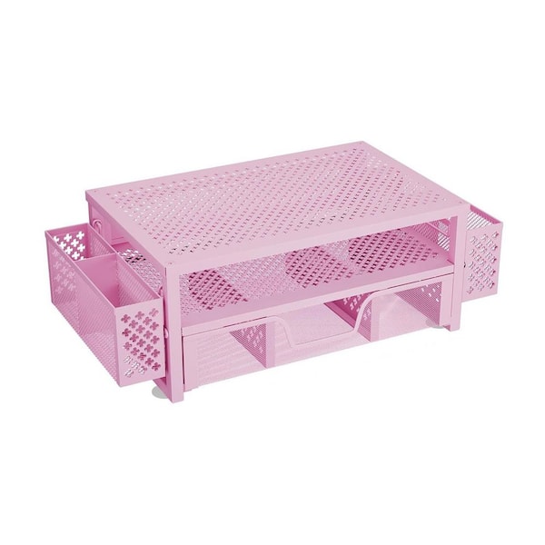 Pink 20 in. x 5.8 in. Metal Modern Desk Organizers with Drawer and Pen ...