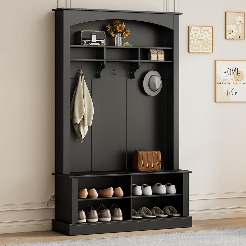Nestfair 47.2 in. Black Freestanding Hall Tree with Shoe Bench, Storage ...