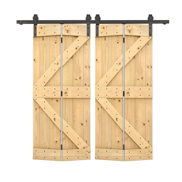 CALHOME 48 in. x 84 in. K Series Solid Core Unfinished DIY Wood Double Bi-Fold Barn Doors with ...