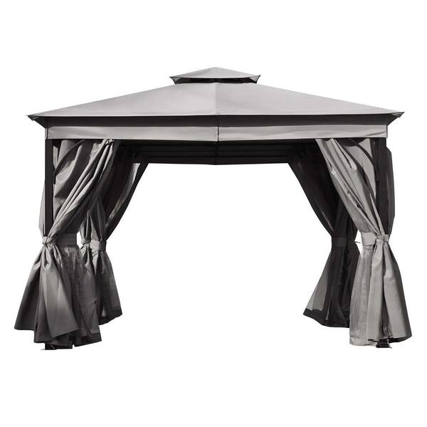 10 ft. x 12 ft. Gray Outdoor Gazebo Canopy Tent with Double Roofs ...