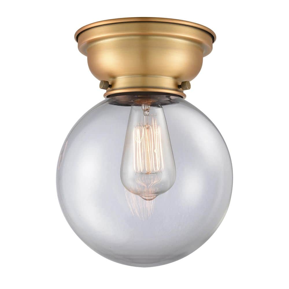 Innovations Beacon 8 in. 1-Light Brushed Brass Industrial Flush Mount with Clear Glass Shade 623 ...