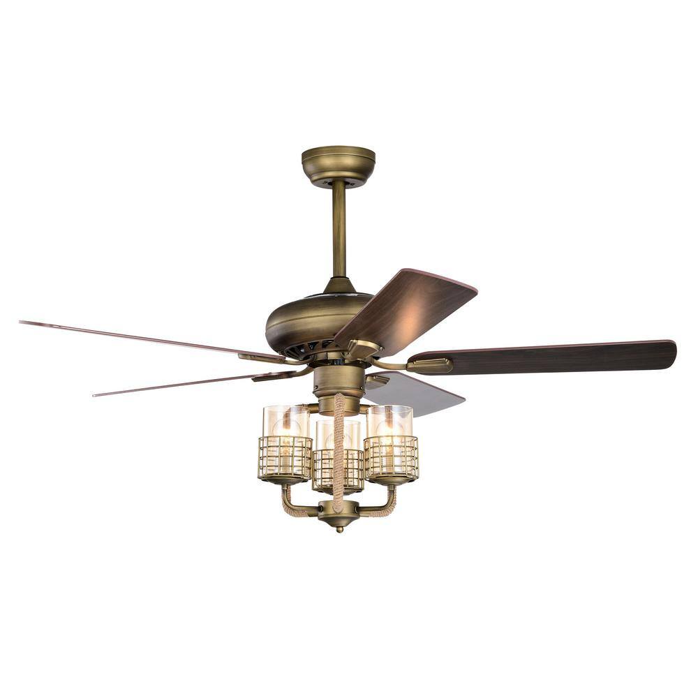 Jushua 52 in. Indoor Bronze Metal 3-Lights Ceiling Fan with 5 Wood ...