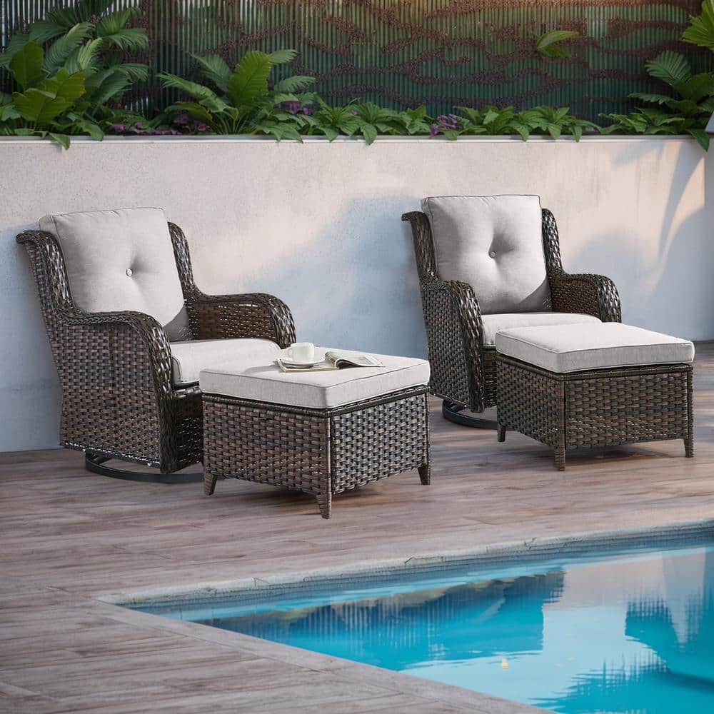 moosprr Arcline 4-Piece Brown Wicker Outdoor Swivel Glider with Beige ...
