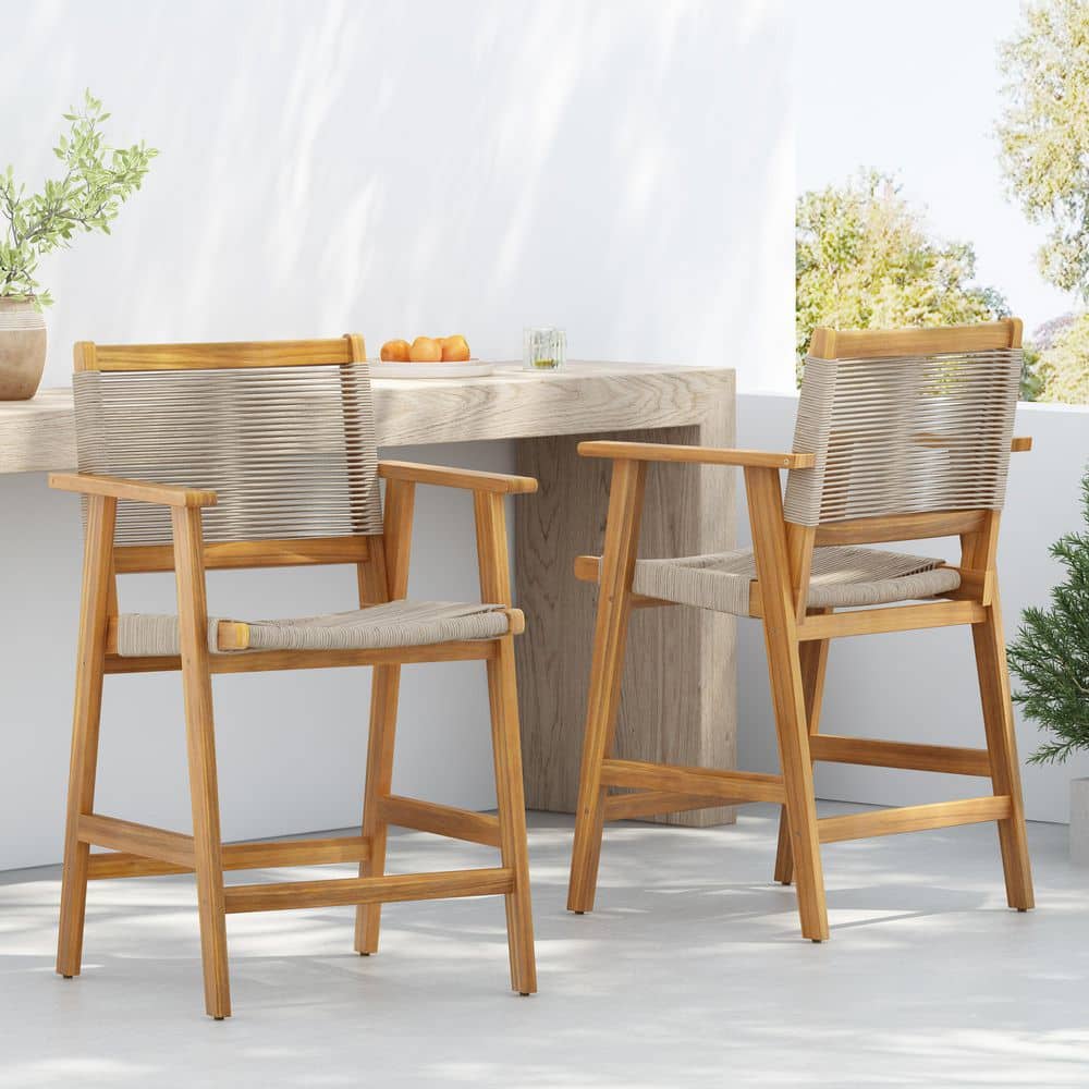 CHRISTOPHER KNIGHT HOME Iris Patio Teak Finish Acacia Wood and Beige Rope Weave Outdoor Counter ...