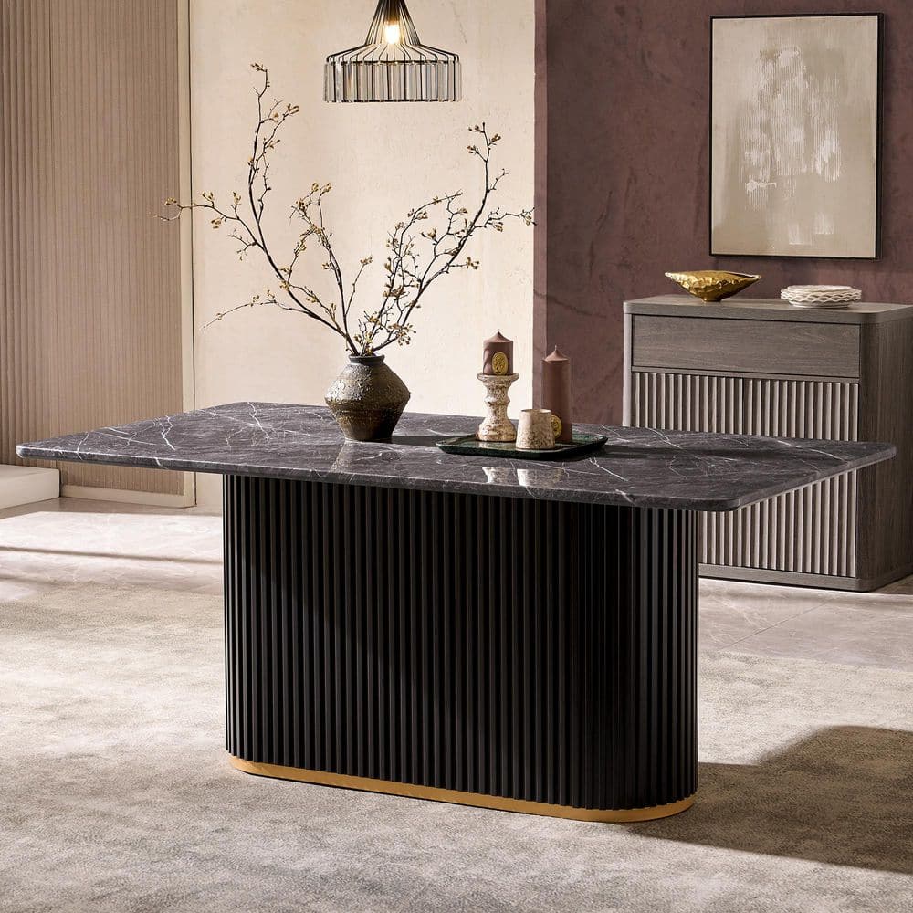 Morden Fort Luxury Warm Grey Faux Marble Top Column Base Dining Table ...