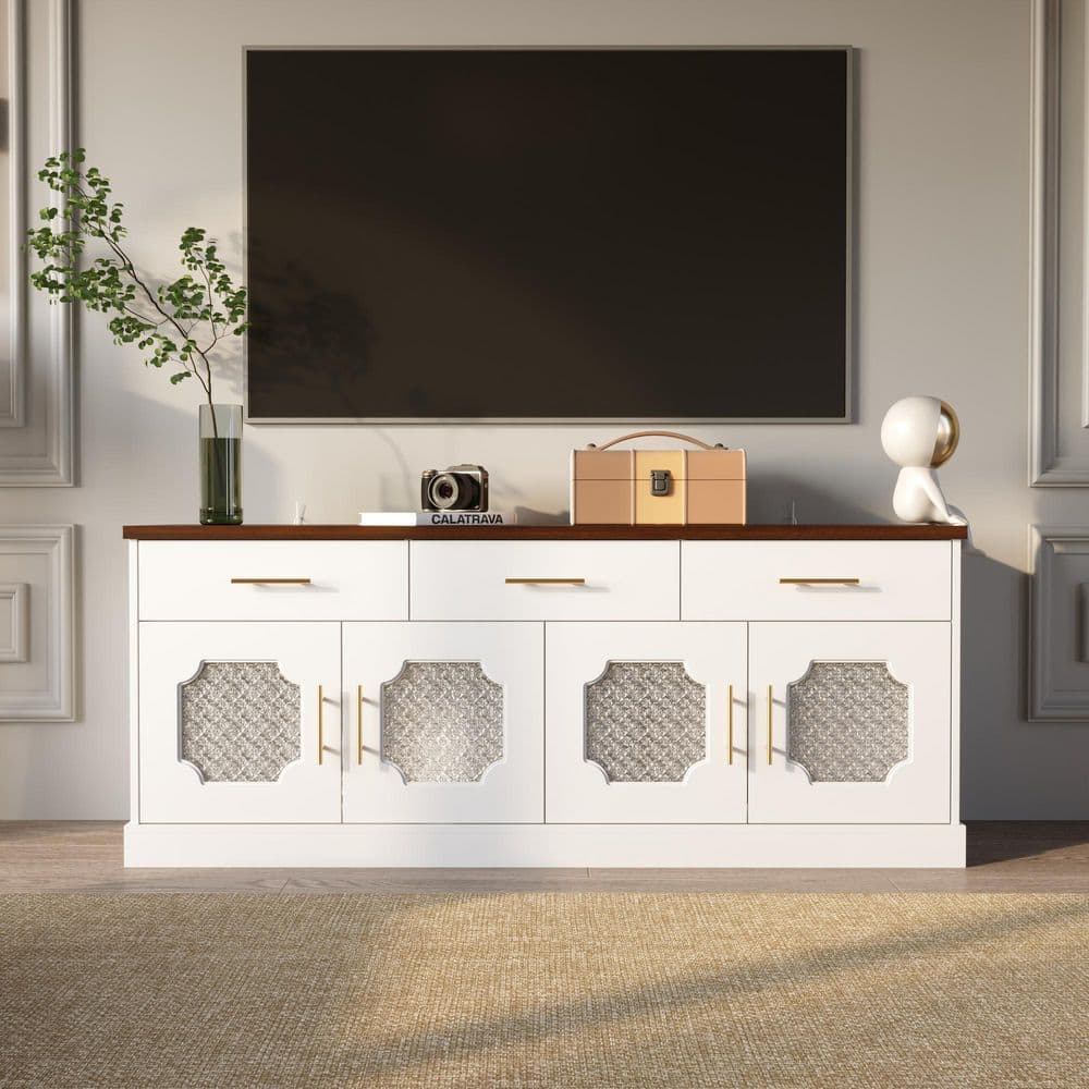 FUFU&GAGA White Finished and Walnut TV Stand Entertainment Center Fits ...