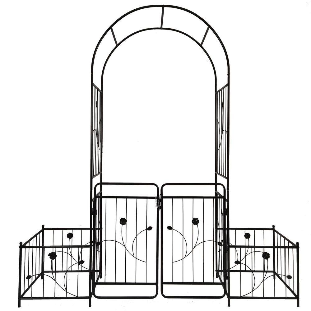 86.6 in. x 79.5 in. Black Metal Garden Arch with Double Gates and ...