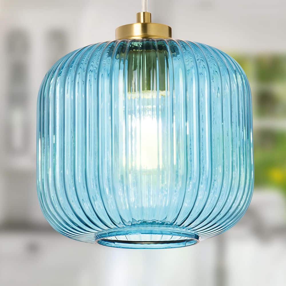River of Goods Hadley 8 in. Gold 1-Light Pendant with Blue Glass Shade ...