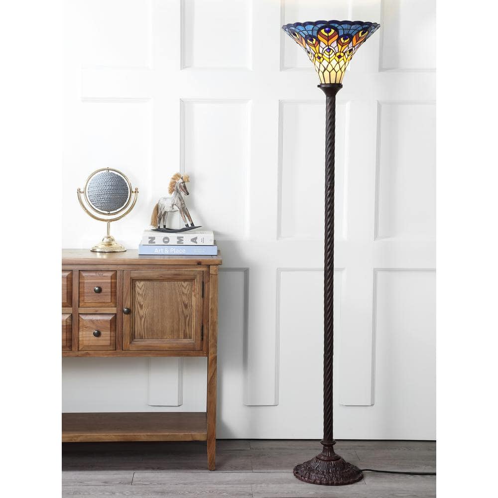 JONATHAN Y Peacock Tiffany-Style 70 in. Bronze Torchiere Floor Lamp ...