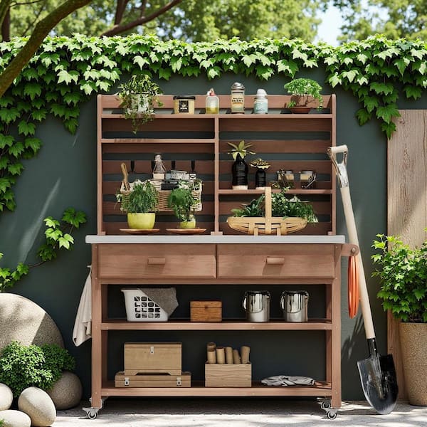 46.7 in. W x 65 in. H Brown Outdoor Potting Bench, Grill Cart with ...
