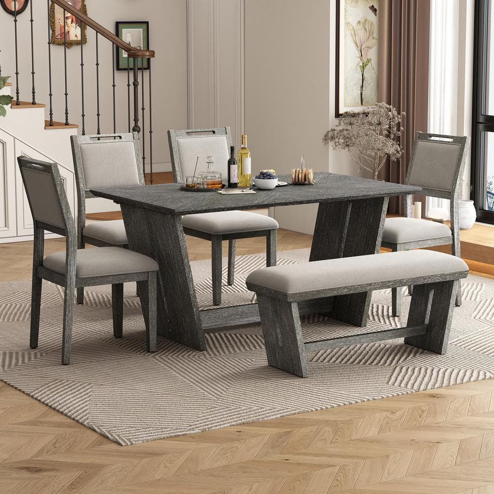 Qualler 6-Piece Rectangle Gray MDF Top Dining Table Set Seats 6 ...