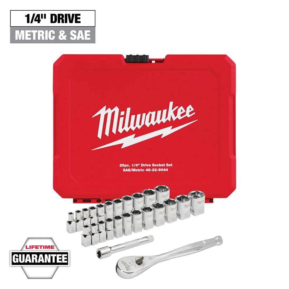 Milwaukee 1/4 in. Drive SAE/Metric Ratchet and Socket Mechanics Tool Set (25-Piece) 48-22-9044 ...