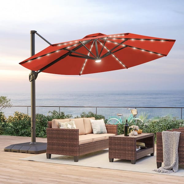 Sonkuki 11 ft. Solar LED Round Aluminum Cantilever Outdoor Patio ...