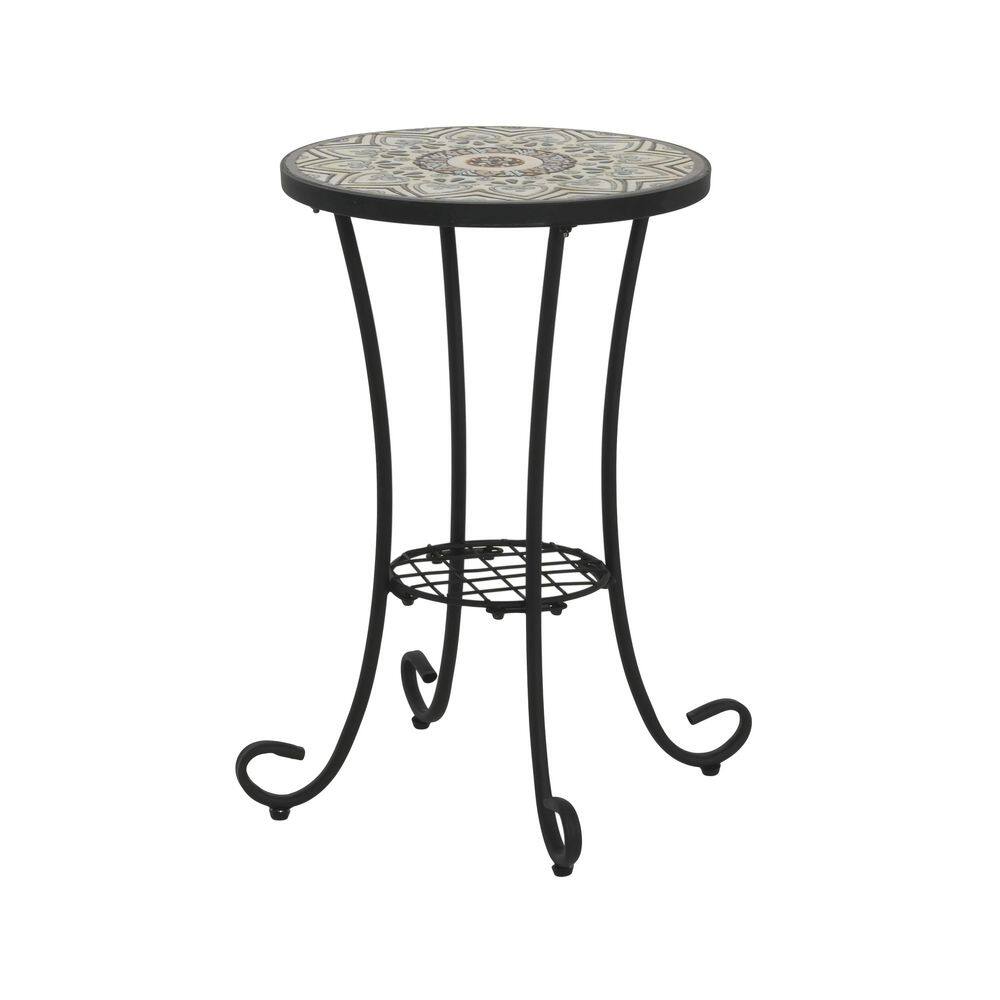 Zeus & Ruta Brown Black Round Ceramic Outdoor Accent Table with Shelf HOP-331 - The Home Depot
