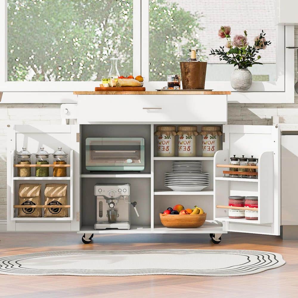 A Multifunctional White Kitchen Cart With a Rubber Wood Countertop ACC ...