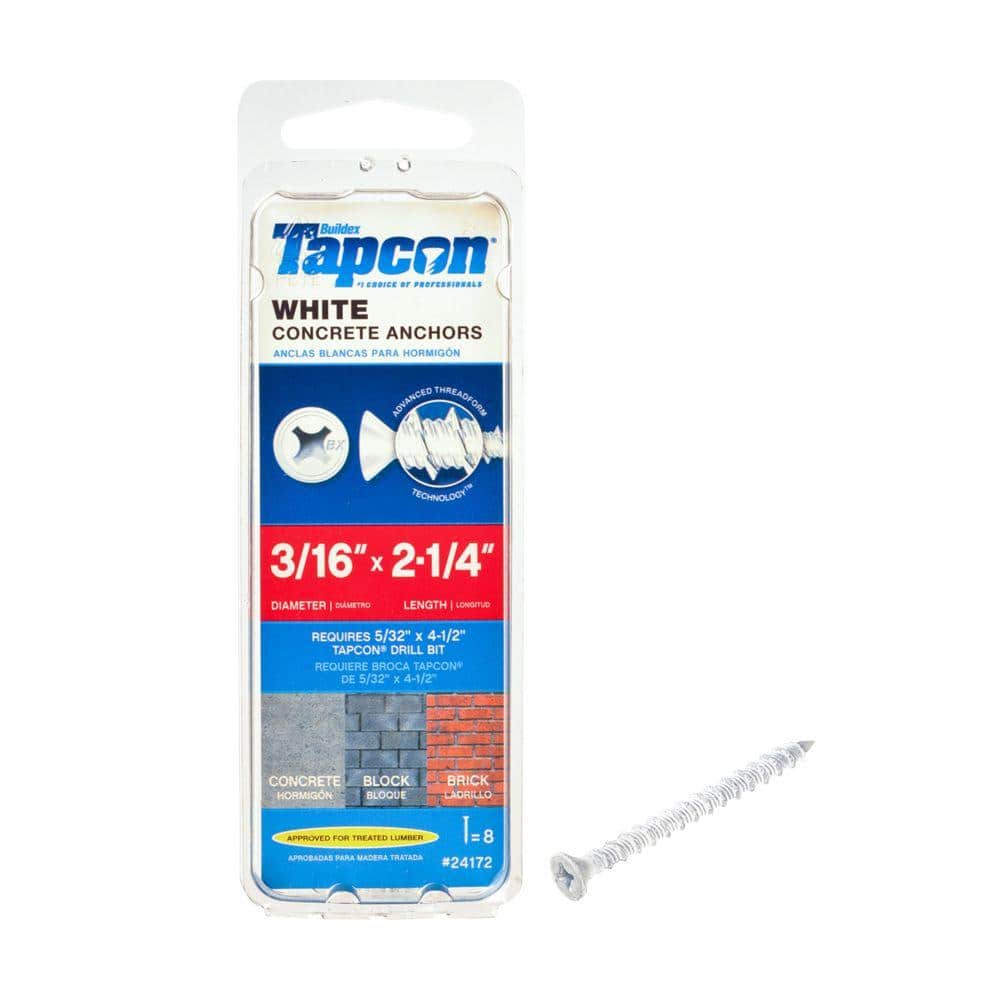 Tapcon 3/16 in. x 2-1/4 in. White Ultrashield Phillips Flat-Head Concrete Anchors (8-Pack) 24172 ...