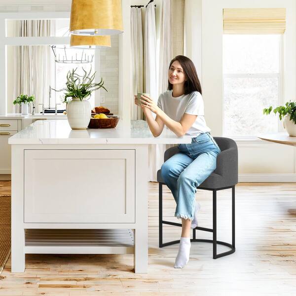 Crystal 26in.Linen Fabric Upholstered Counter Stool Curved Back Kitchen Island Bar Stool with Metal Frame Set of 2