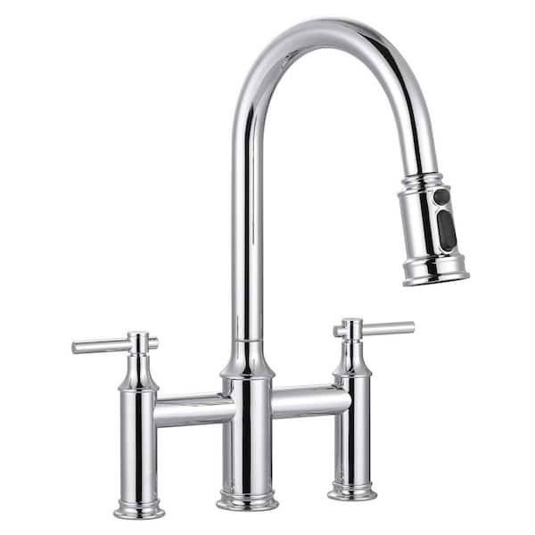 ALEASHA Pull Down Sprayer Double Handle Bridge Kitchen Faucet in Chrome ...