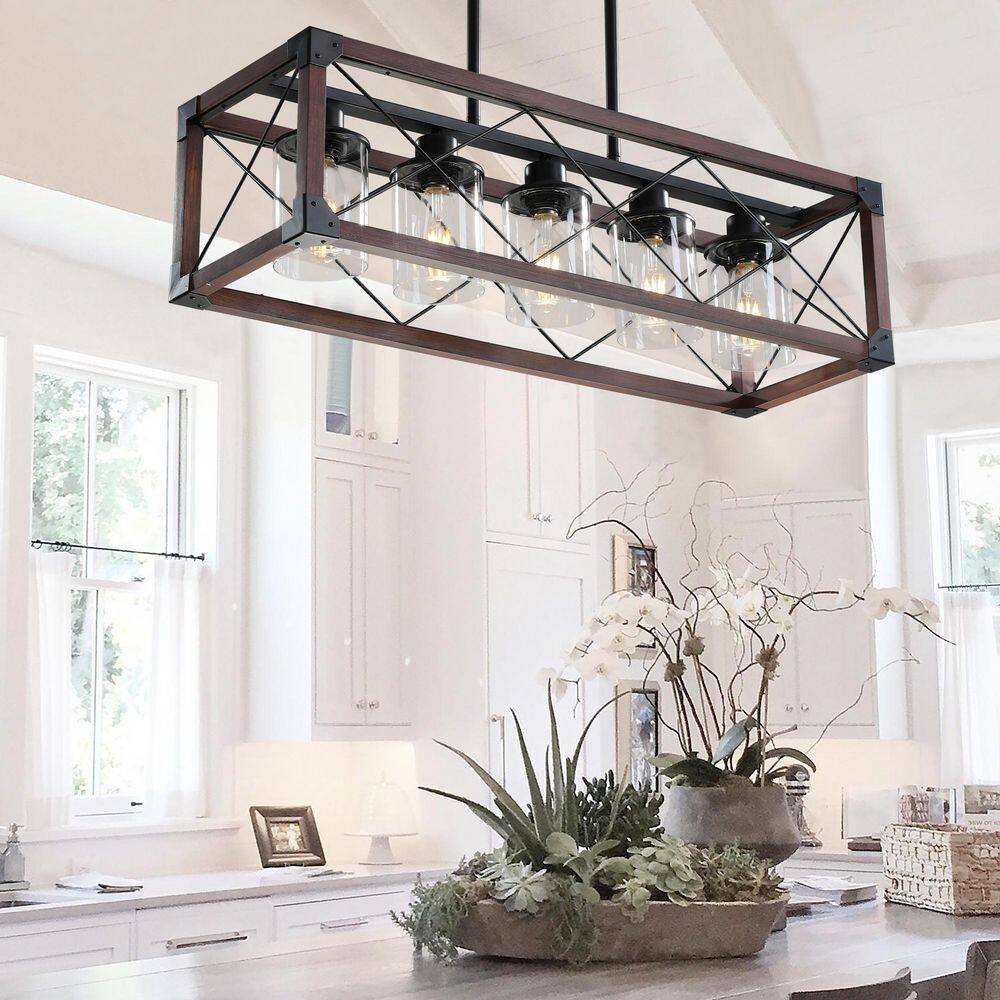 Byteany 5 Light Red Farmhouse Rectangle Pendant Chandelier for Kitchen ...