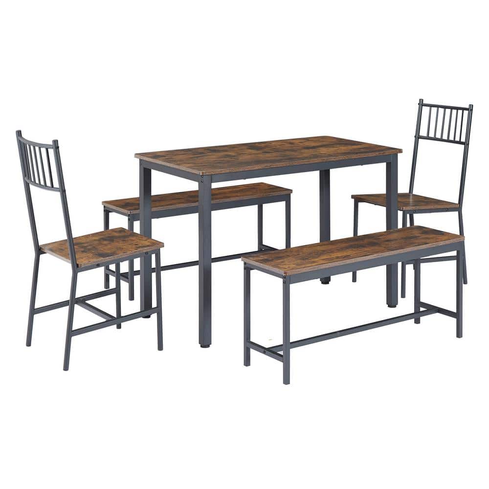 SUNRINX Rustic Brown 30 in. Dining Table Set with Benches and Chairs ...