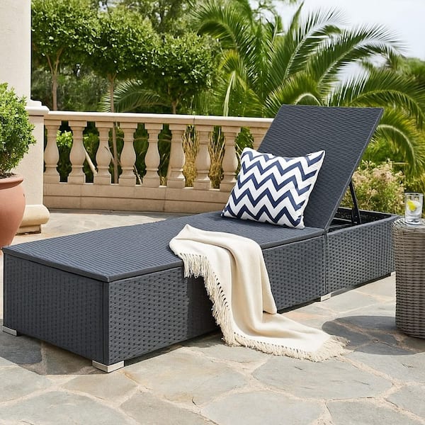 Benjara Black Metal Frame Adjustable Outdoor Chaise Lounge with Blue ...