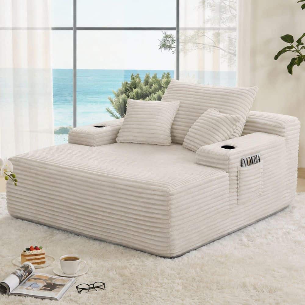 Seafuloy Beige Plush Fur Chaise Lounge with Cup Holder, Sofa Bed ...
