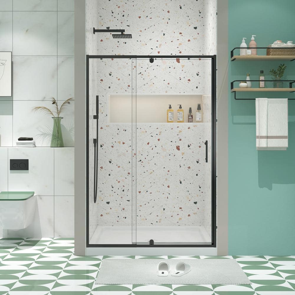 JimsMaison 54 in. W x 71 in. H Pivot Framed Shower Door in Matte Black ...