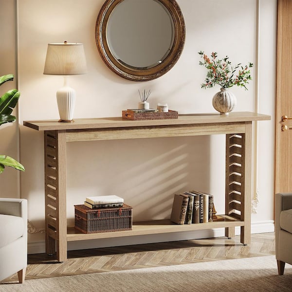 BYBLIGHT 33.9 in Tall Oak Rectangle Wood Console Table with 2-Tier ...