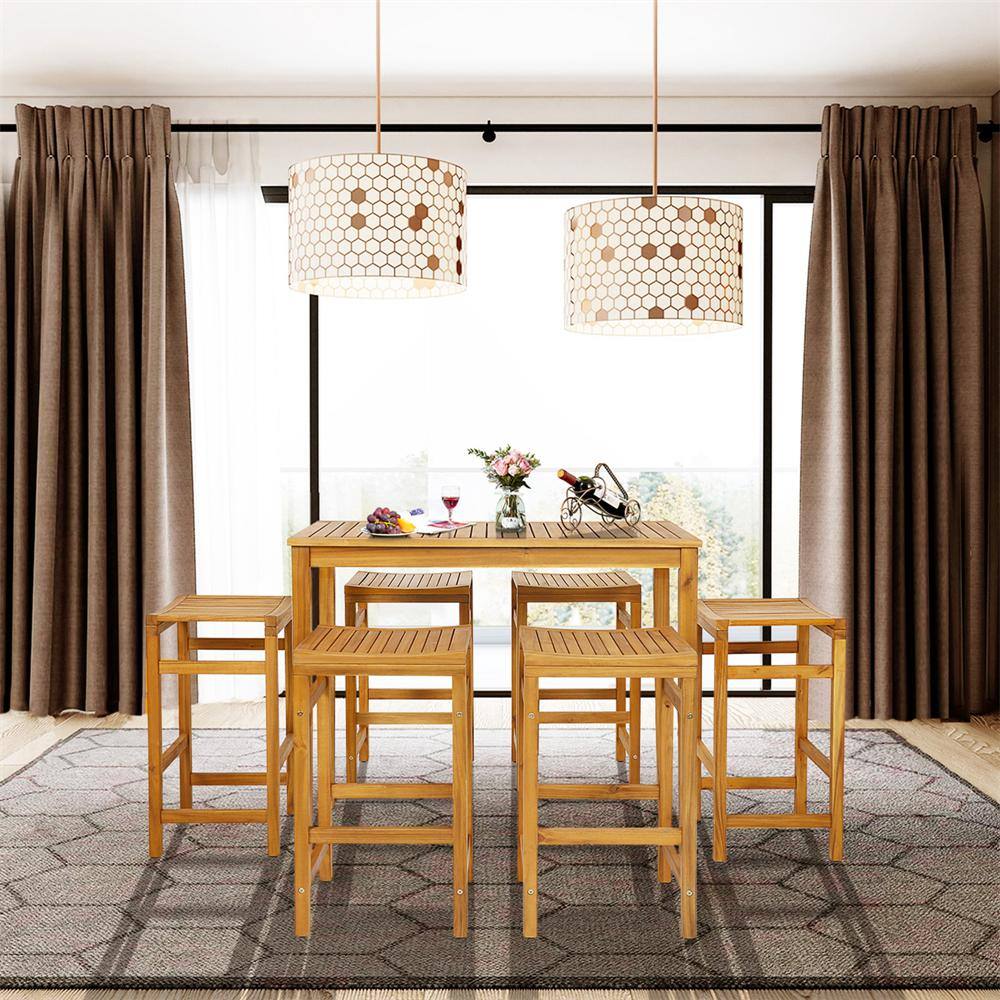Costway 7-Piece Rectangular Teak Acacia Wood Top Bar Table (Set Seats 6 ) GHMHSKU00345 - The ...