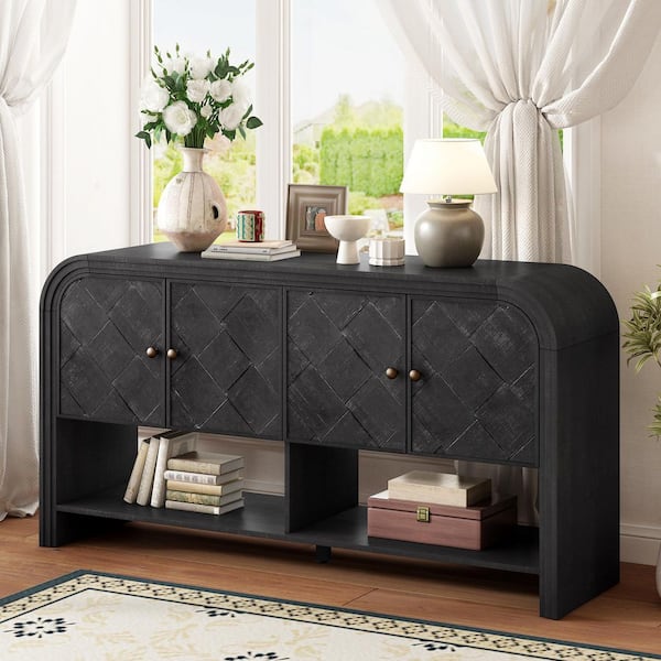 Nestfair 59.8 in. Black Rectangle MDF Console Table with Woven Wood ...
