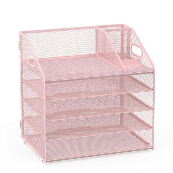 Pink 12.6 in. x 12.5 in. Metal 5-Tier Mesh Desk Organizers with Pen ...