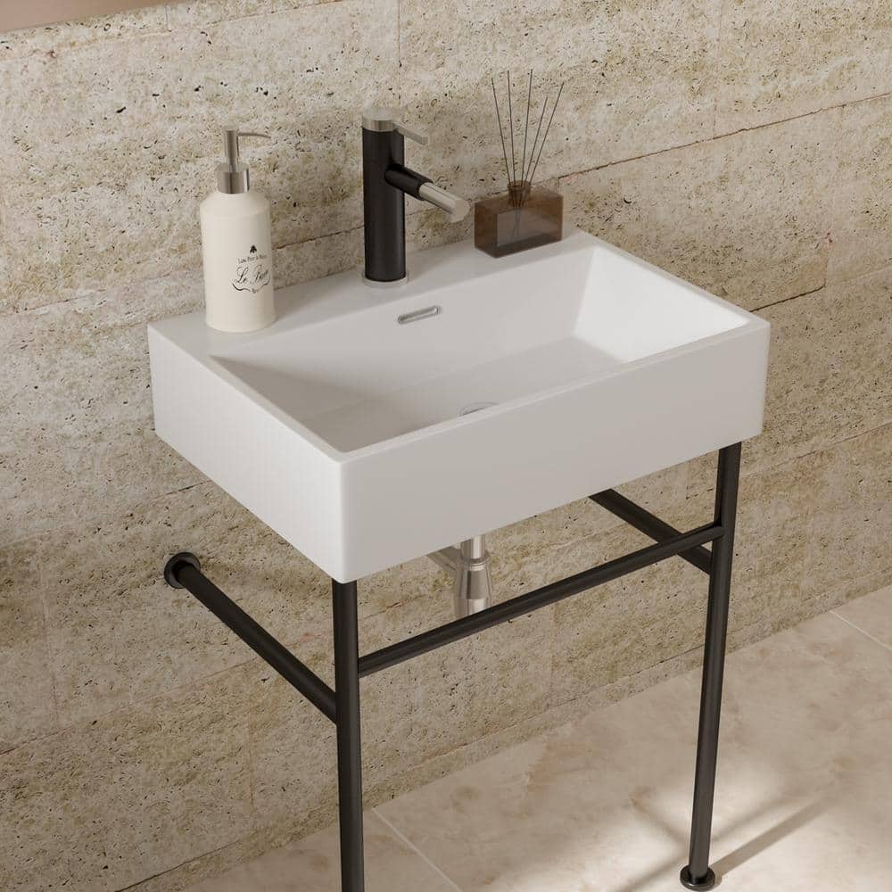 24 in. Ceramic White Console Sink Basin and Black Legs Combo with ...