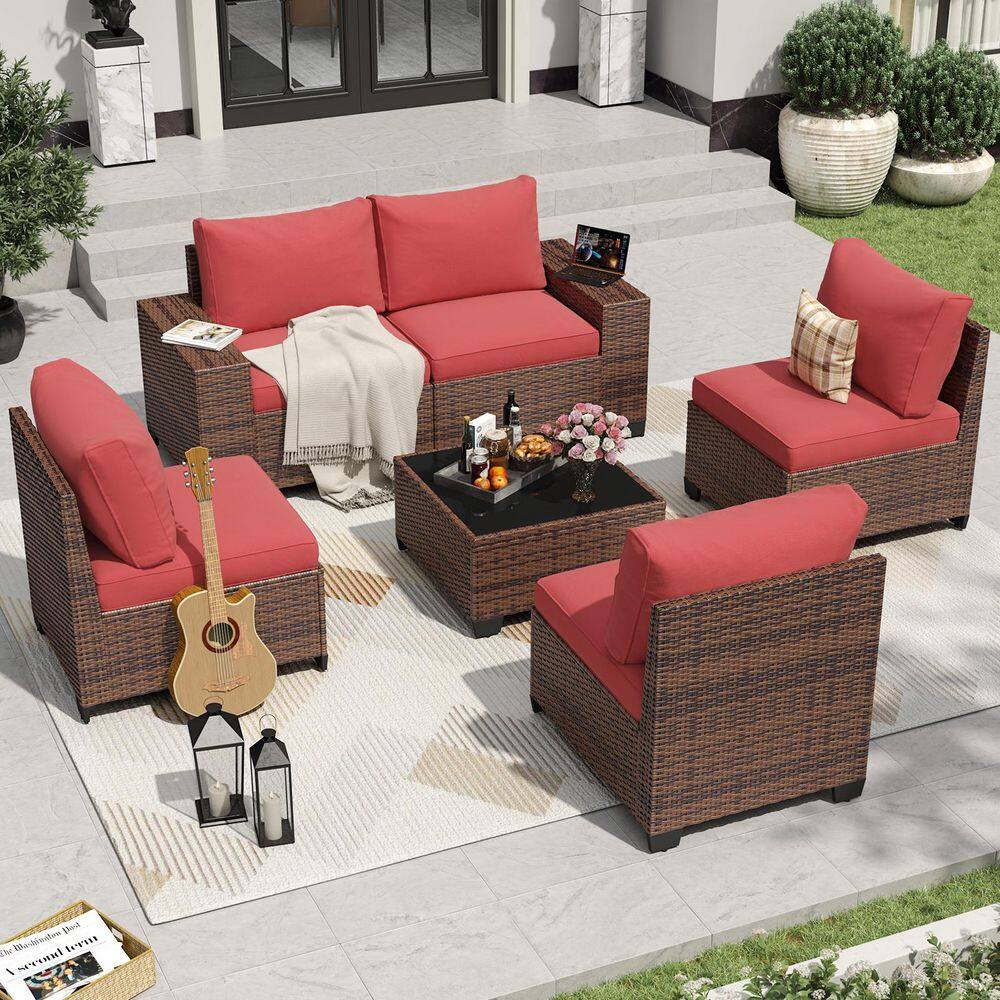 Sizzim Brown 6-Pieces Rattan Wicker Steel Patio Outdoor Sectional Set ...