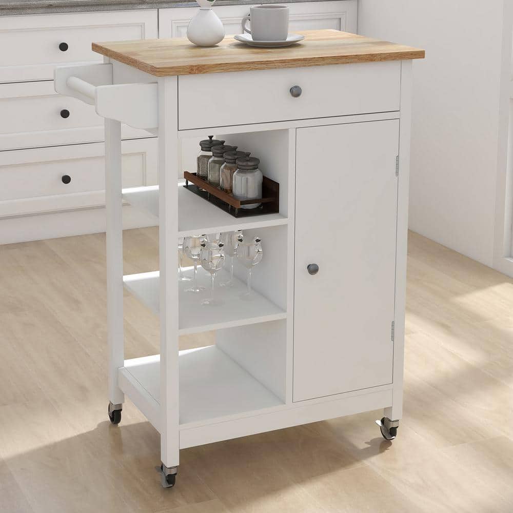 Staykiwi White MDF Kitchen Cart with 2 Door Cabinet, Adjustable Shelves ...