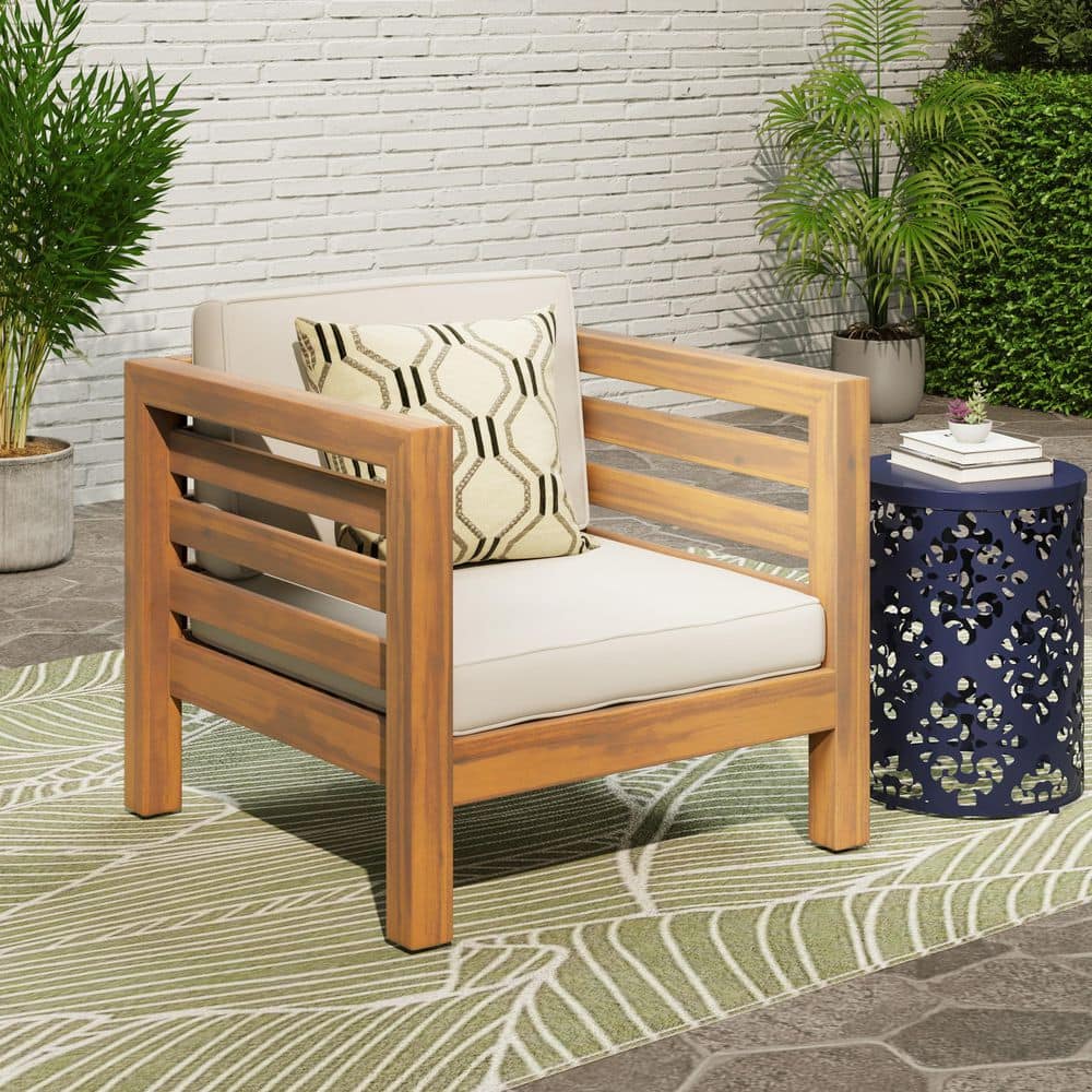 Acacia Wood Outdoor Lounge Chair/Patio Chair with Beige Fabric Cushions ...