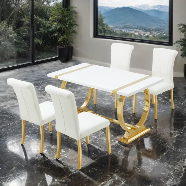 Furniture of America Kehla 5-Piece Rectangle Gold/White Wood Top Dining ...
