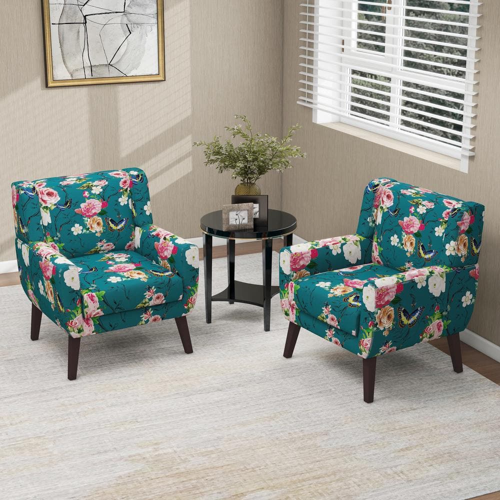 Uixe Mid-Century Modern Blue And Floral Pattern Linen Accent Arm Chair ...