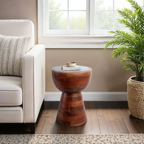 Liv & Skye 13 in. Green/Brown Round Wood Hourglass Marble Top End Table ...