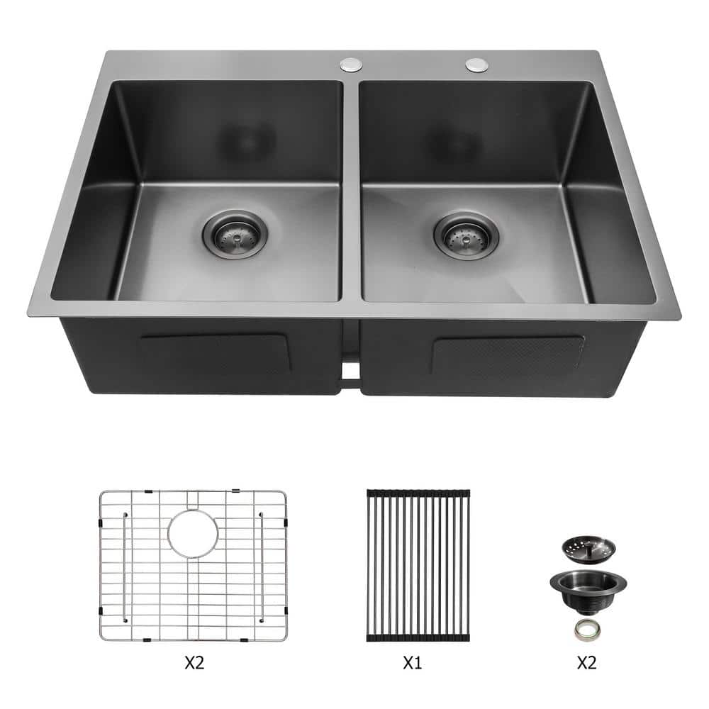 RAINLEX 33 in. L x 22 in. W Drop-In Double Bowls 16-Gauge Stainless ...