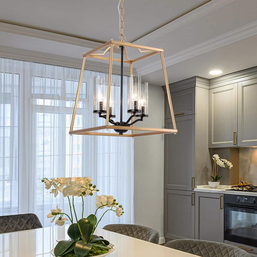 Zevni 4-Light Black and Gold Modern Square Chandelier with Seeded Glass ...