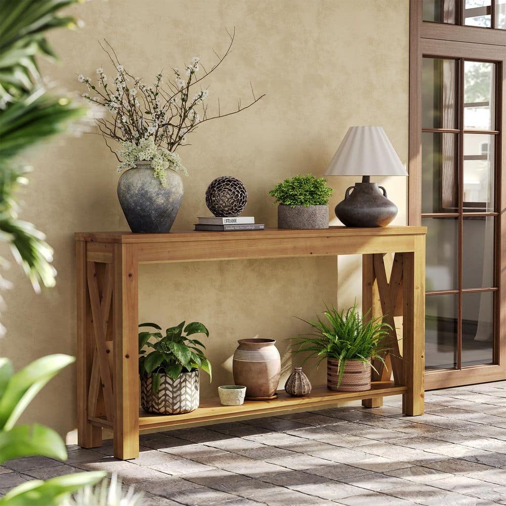 BYBLIGHT 63 in. Natural Wood Color Rectangle Solid Wood Console Table with Storage Shelf ...