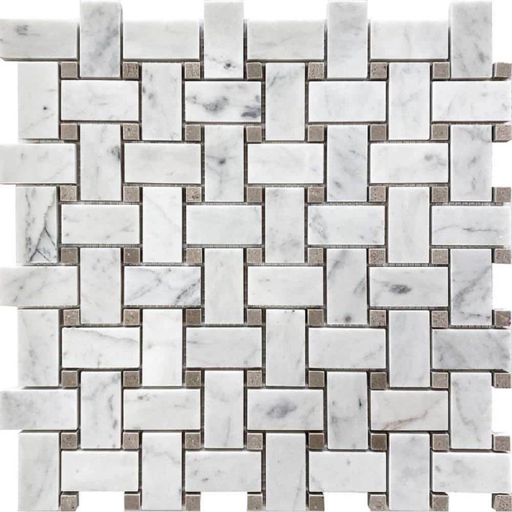 Apollo Tile White and Beige 4 in. x 5 in. Basketweave Polished Marble ...